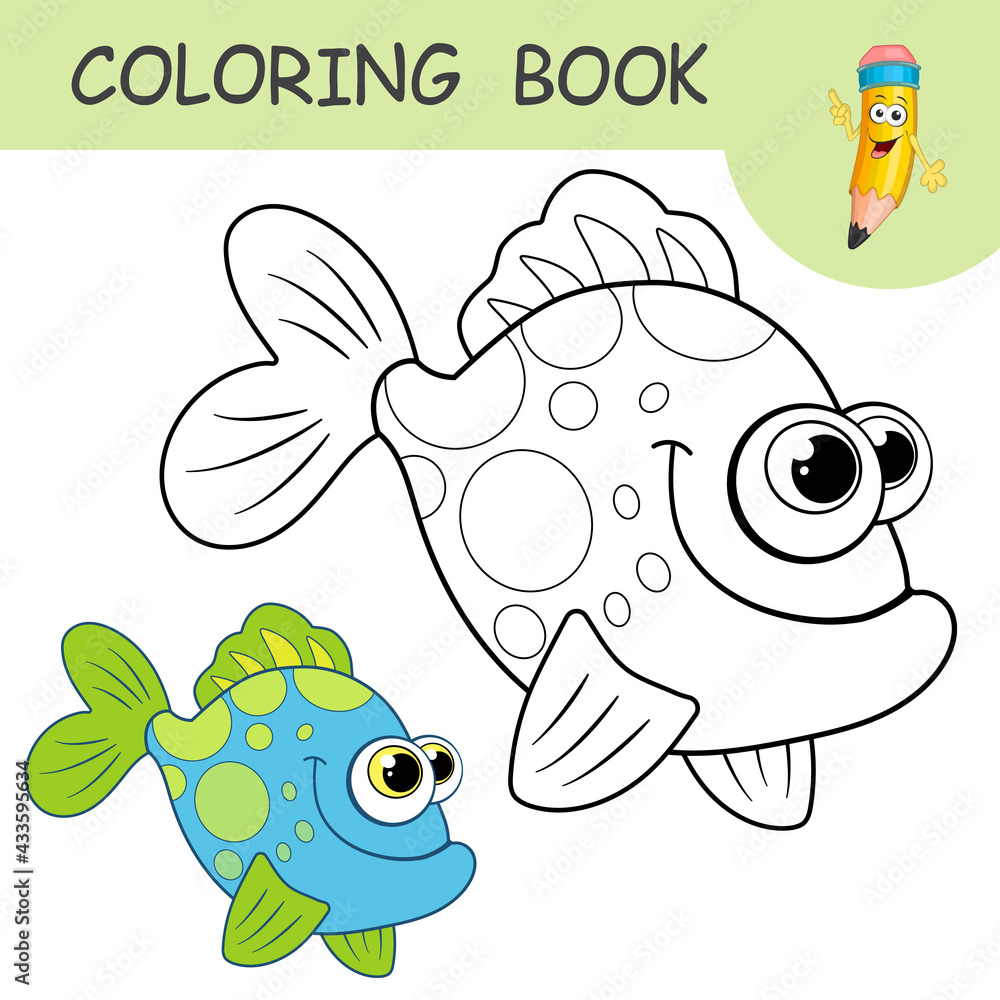 Coloring book with funny ocean Fish. Colorless and color samples sea ...