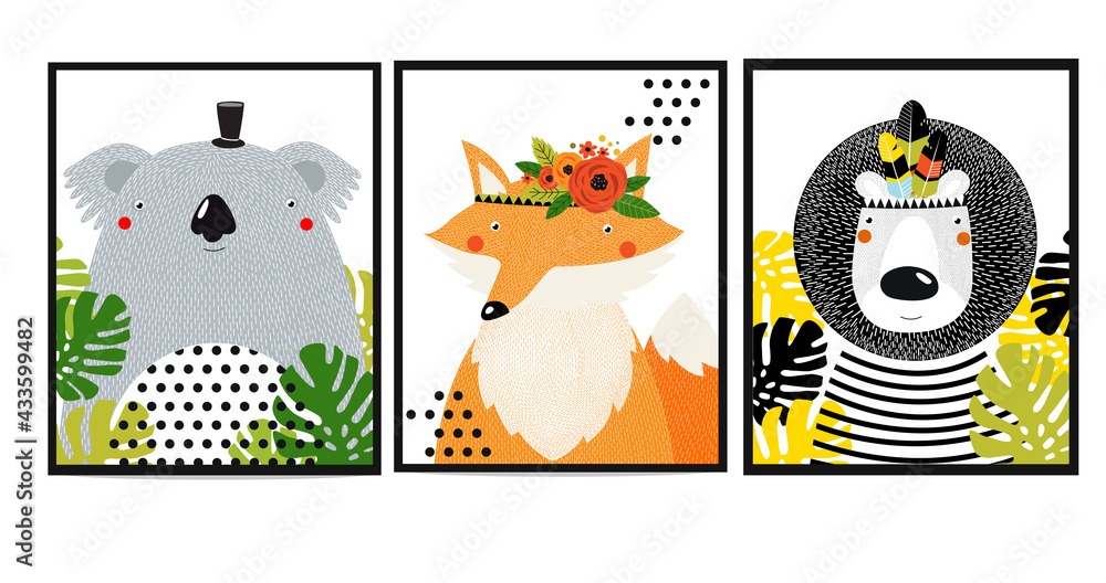 Posters with animals. Cartoon characters. Cartoon animals. Lion, fox ...