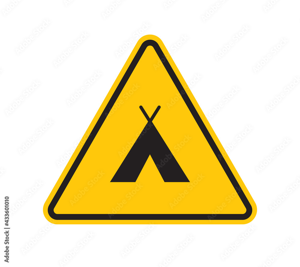 Vector yellow triangle sign - black silhouette symbol camp. Isolated on ...
