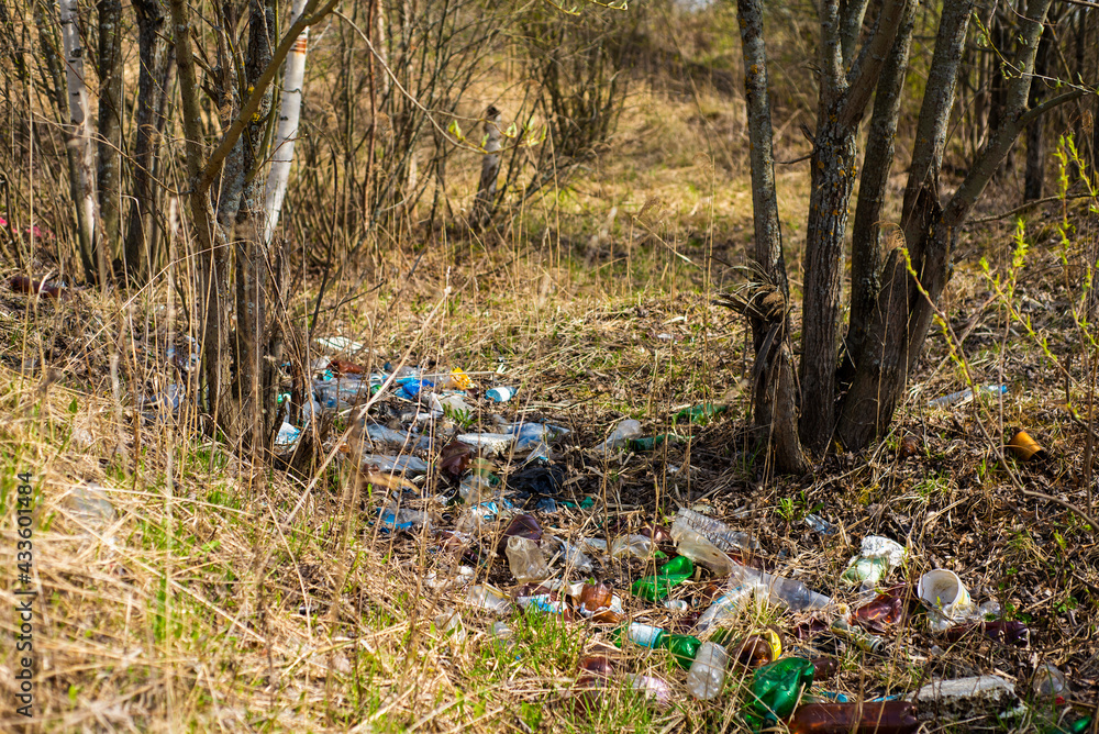 (environmental concept) Household garbage in the autumn forest ...
