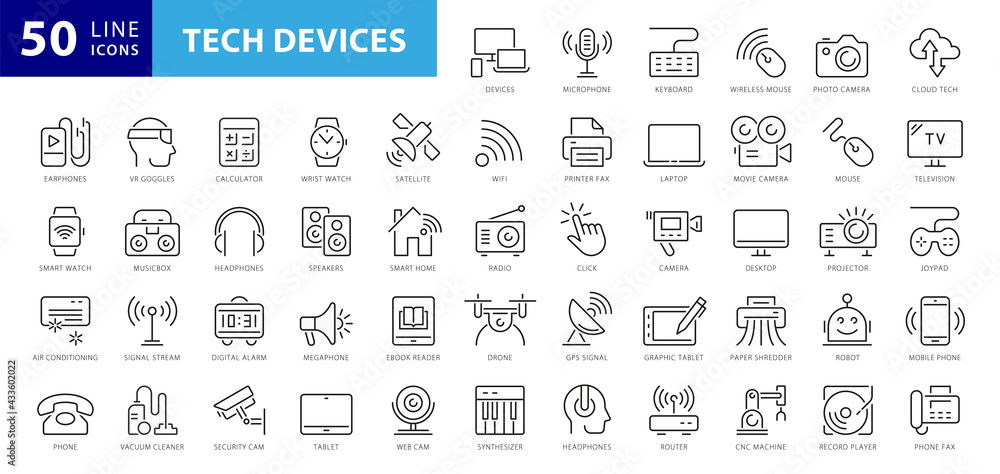 Set of 50 Device and technology web icons in line style. Computer ...