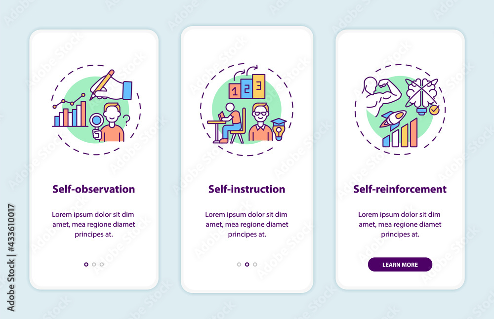 Self-control techniques onboarding mobile app page screen with concepts. Personal development ...