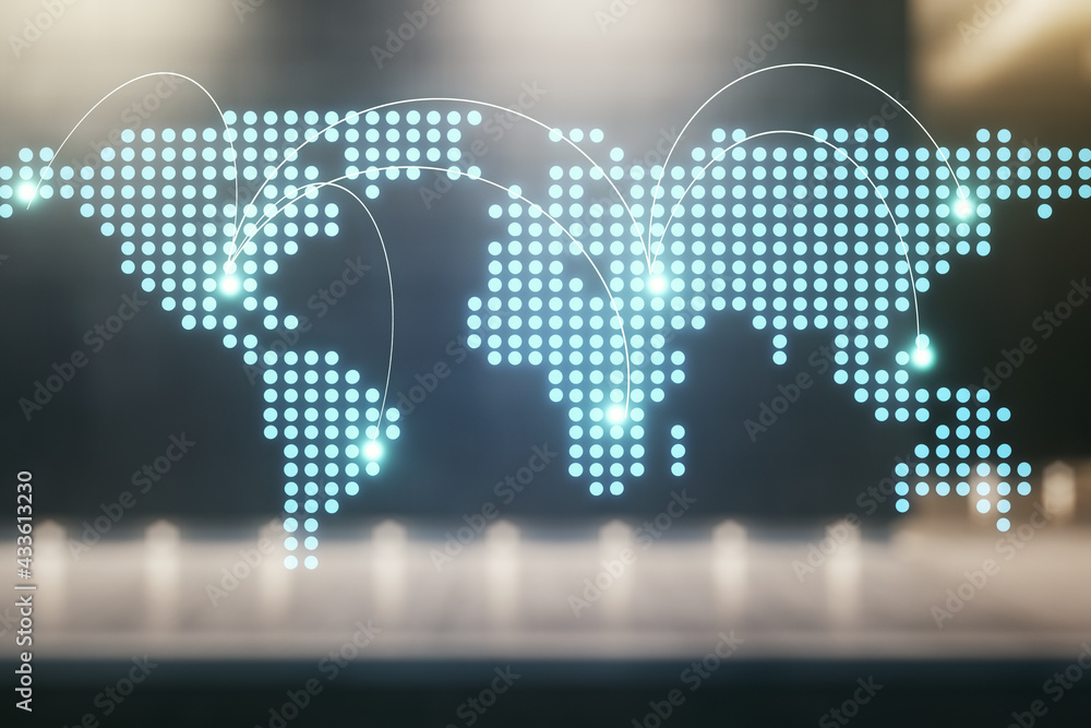 Abstract virtual world map with connections on blurry modern office ...