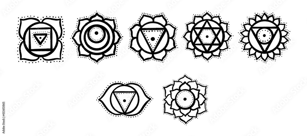 Doodle chakras. Yoga meditation chakras set. Chakras coloring page ...