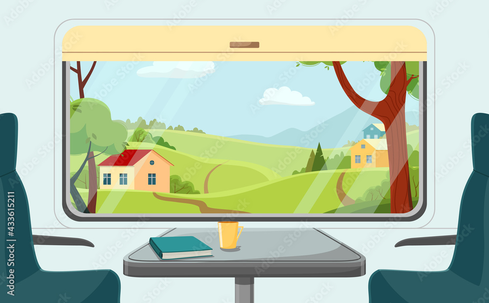 The inside of a passenger train. View from the carriage to the summer ...