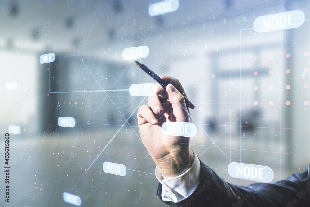 Multi exposure of developer hand with pen working with abstract ...