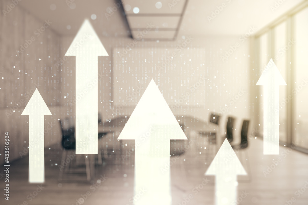 Virtual upward arrows hologram on a modern coworking room background ...