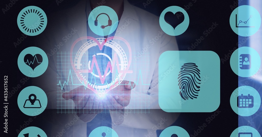 Composition of medical icons over female doctor holding virtual scope ...