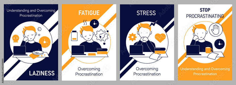 Procrastination brochures icons. Laziness and stress, fatigue and stop ...