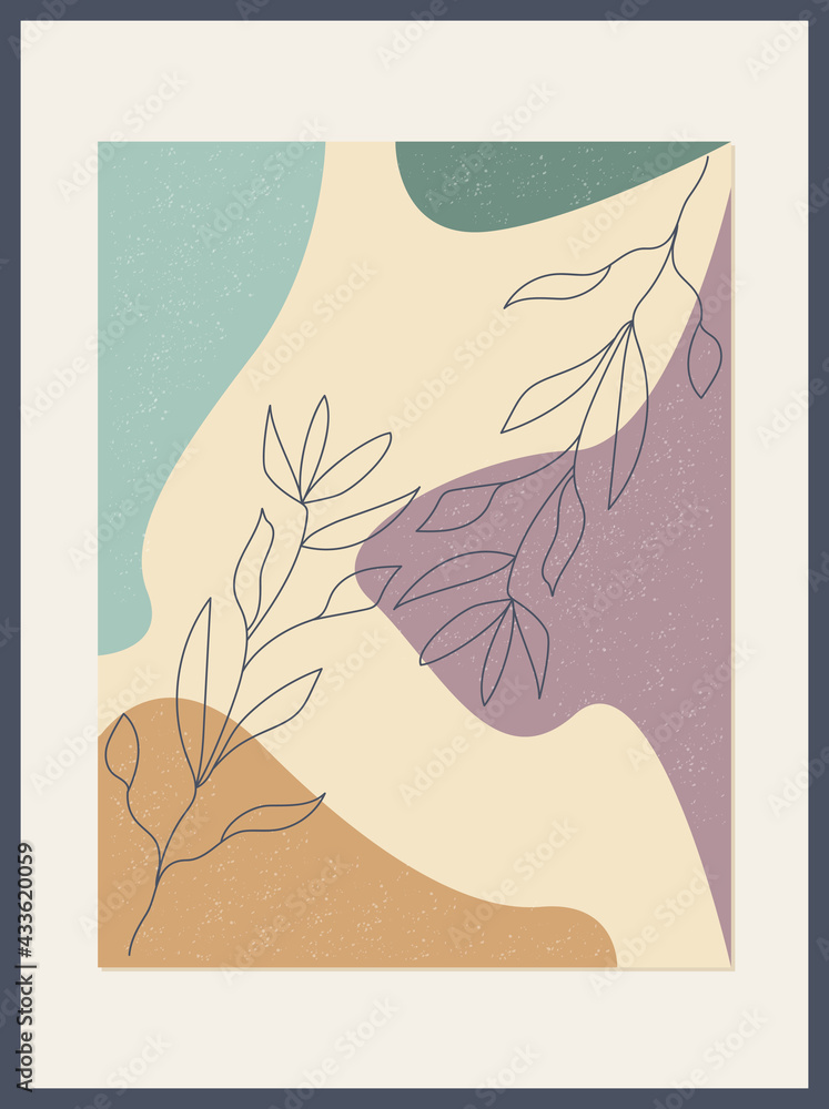 Minimalist poster with botanical leaf branch and abstract organic ...