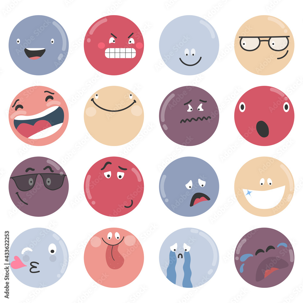 Round abstract comic Faces with various Emotions. Different colorful ...