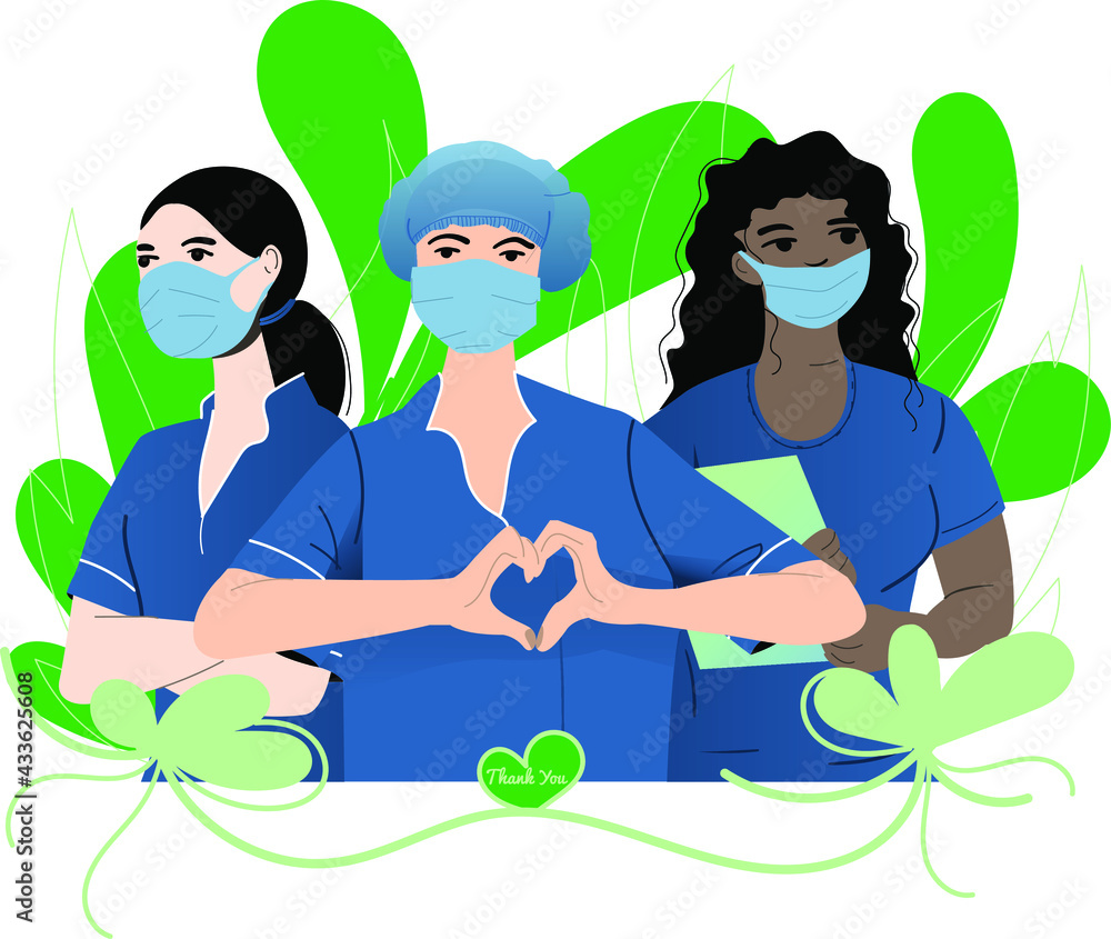 tree Nurses in different poses, one of them is making heart shape with ...