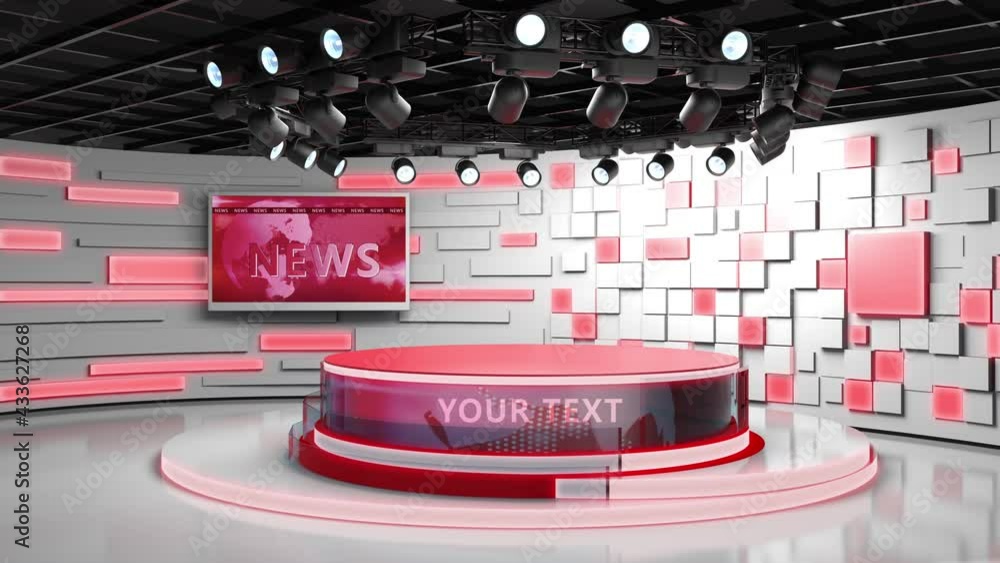 Tv studio. News room. Blye and red background. General and close-up ...