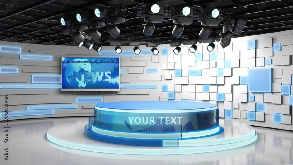 Tv studio. News room. Blye and red background. General and close-up ...
