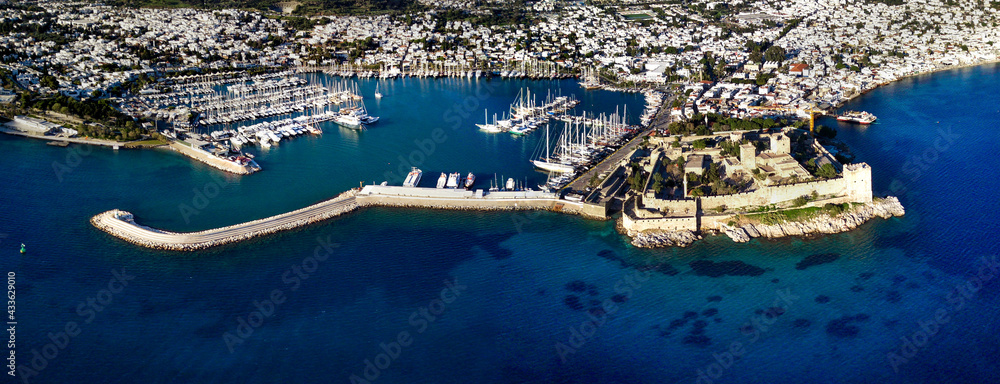 Amazing panoramic view from drone of Bodrum harbour and ancient Kalesi ...