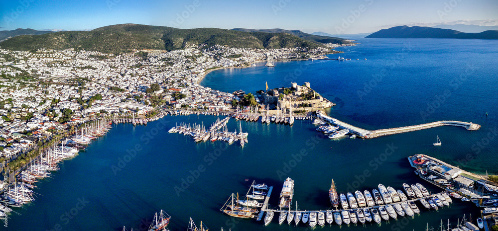 Amazing panoramic view from drone of Bodrum harbour and ancient Kalesi ...