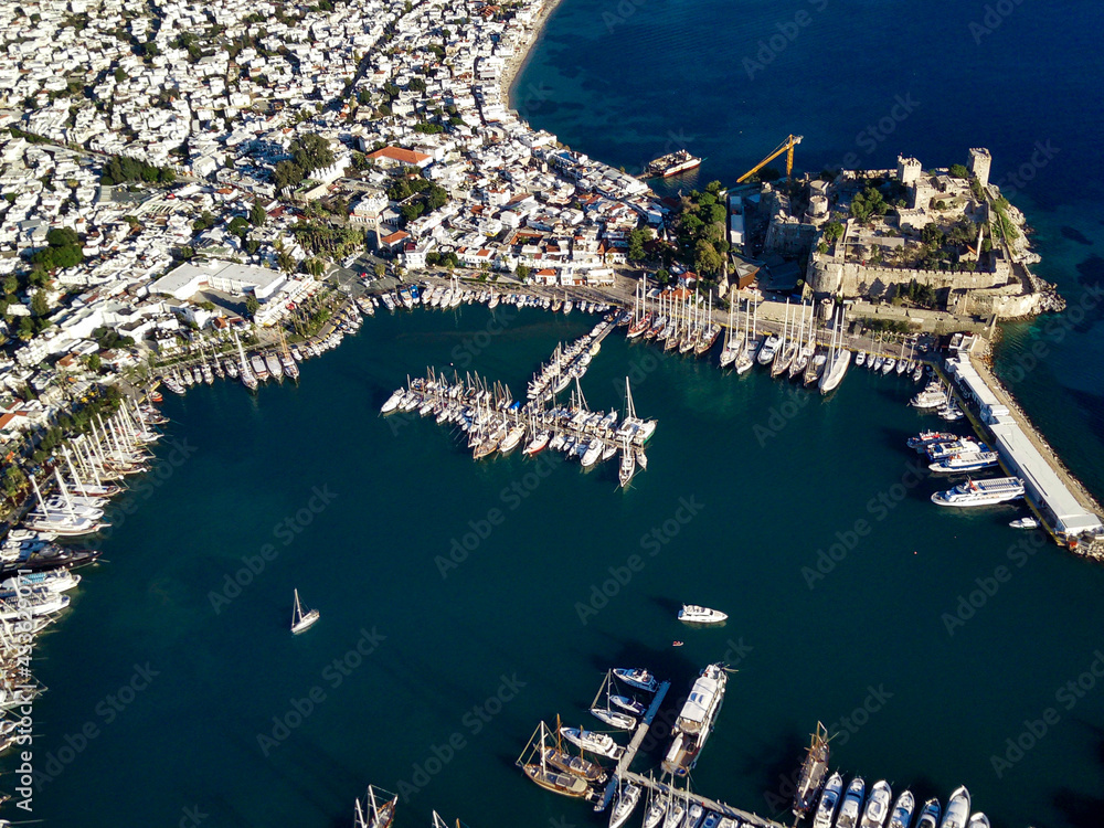 Amazing panoramic view from drone of Bodrum harbour and ancient Kalesi ...