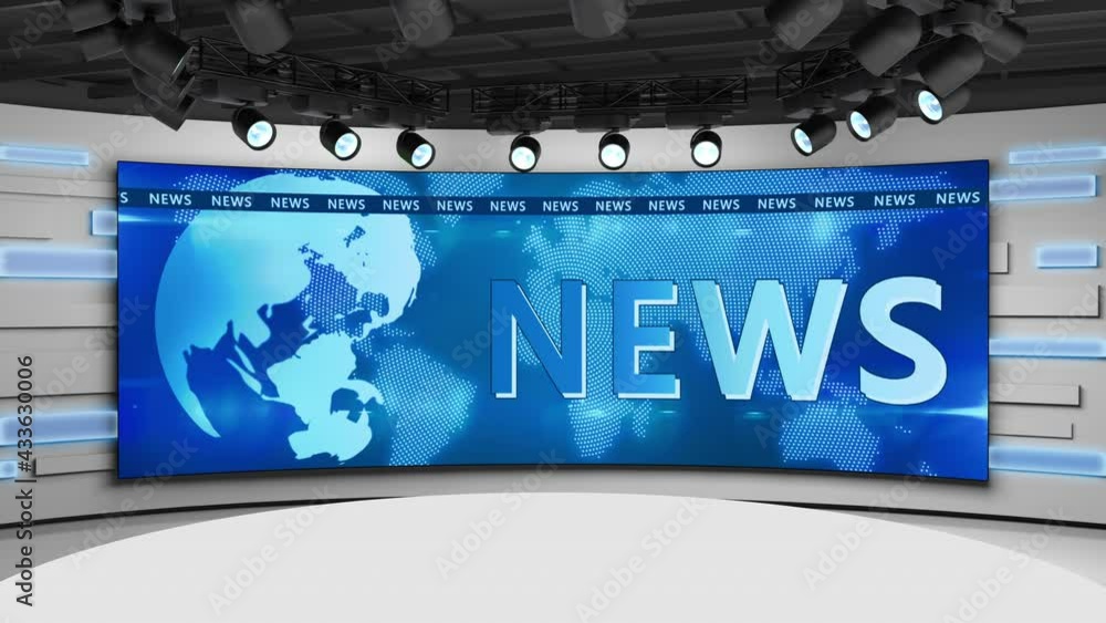 Tv studio. News room. Blye and red background. General and close-up ...