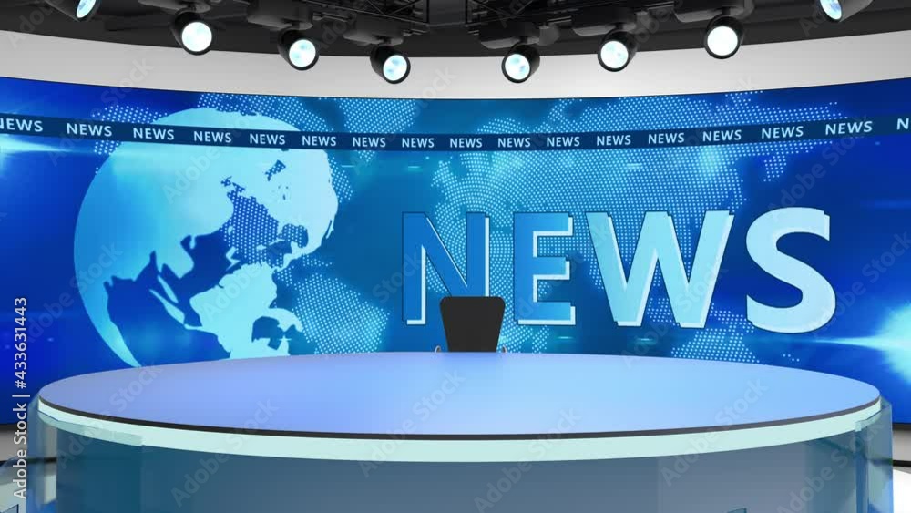 Tv studio. News room. Blye and red background. General and close-up ...