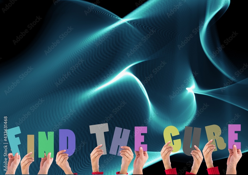 Composition of find the cure multi coloured letters held by people with ...