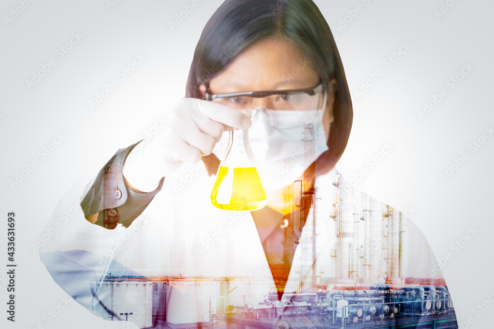 Double exposure concept, woman scientist or chemist research in ...