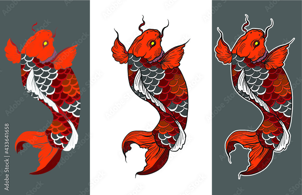 Hand drawn outline Koi fish and Japanese tattoo.doodle art Koi carp ...