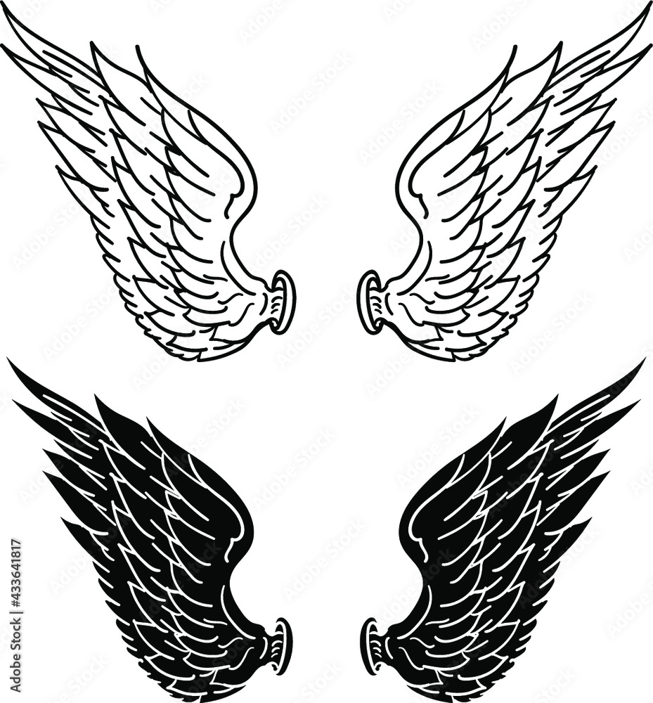 Vintage wheel of motorcycle vector,Hand drawn wing set.Sticker wing ...