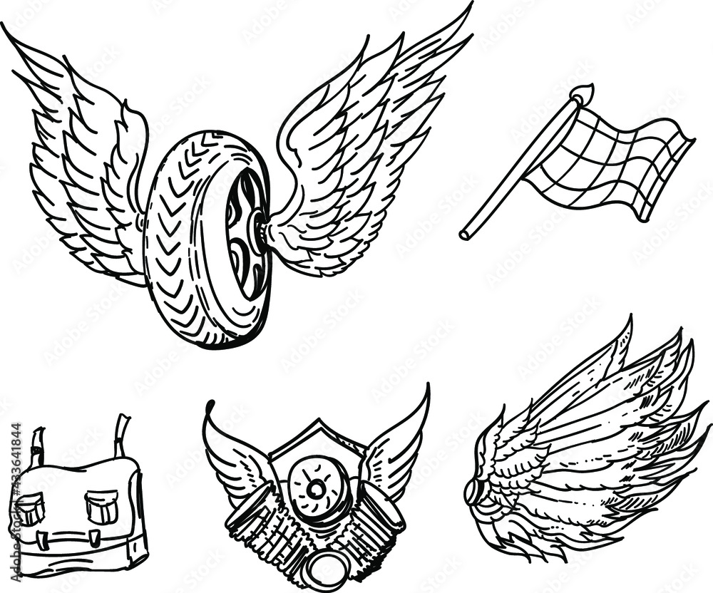 Vintage wheel of motorcycle vector,Hand drawn wing set.Sticker wing ...