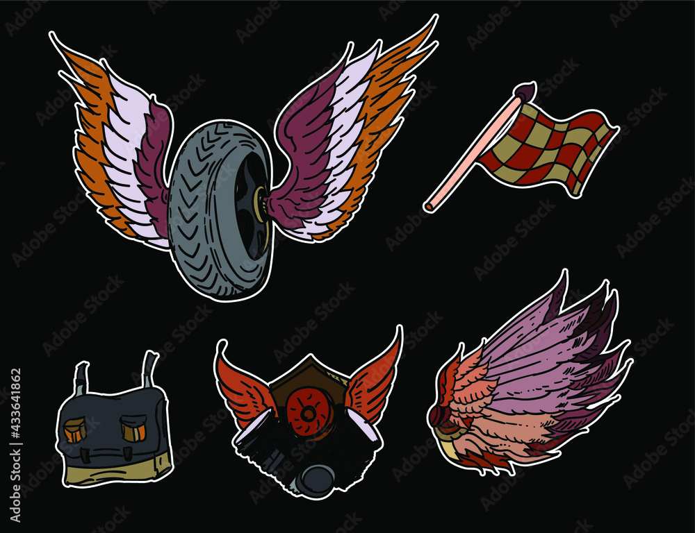 Vintage wheel of motorcycle vector,Hand drawn wing set.Sticker wing ...
