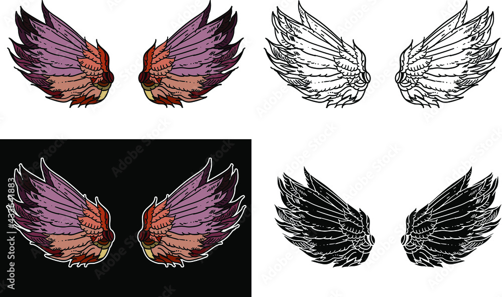 Vintage wheel of motorcycle vector,Hand drawn wing set.Sticker wing ...
