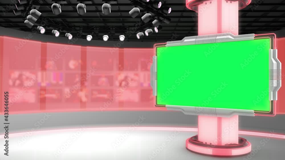 Tv studio. News room. Blye and red background. General and close-up ...