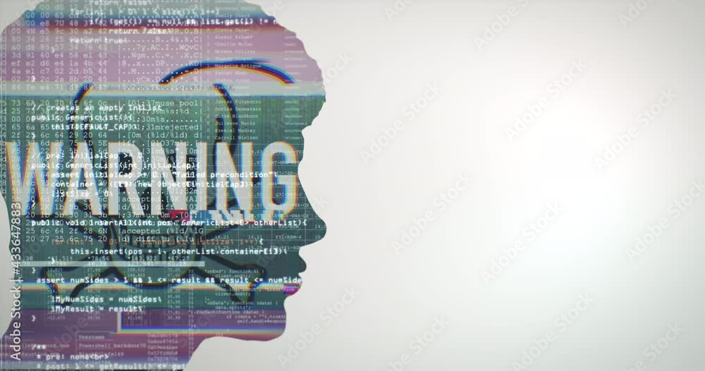 Hacker code warning symbol skull running through side view of male ...