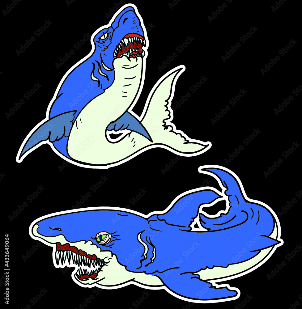 shark sticker and tattoo.Hand drawn scary shark.Killer in the sea ...