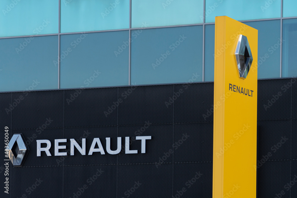 Renault logo sign on oficial dealer office showroom building. Renault S ...