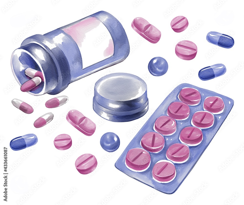Hand drawn set of capsules and pills. Watercolor illustration. Various ...