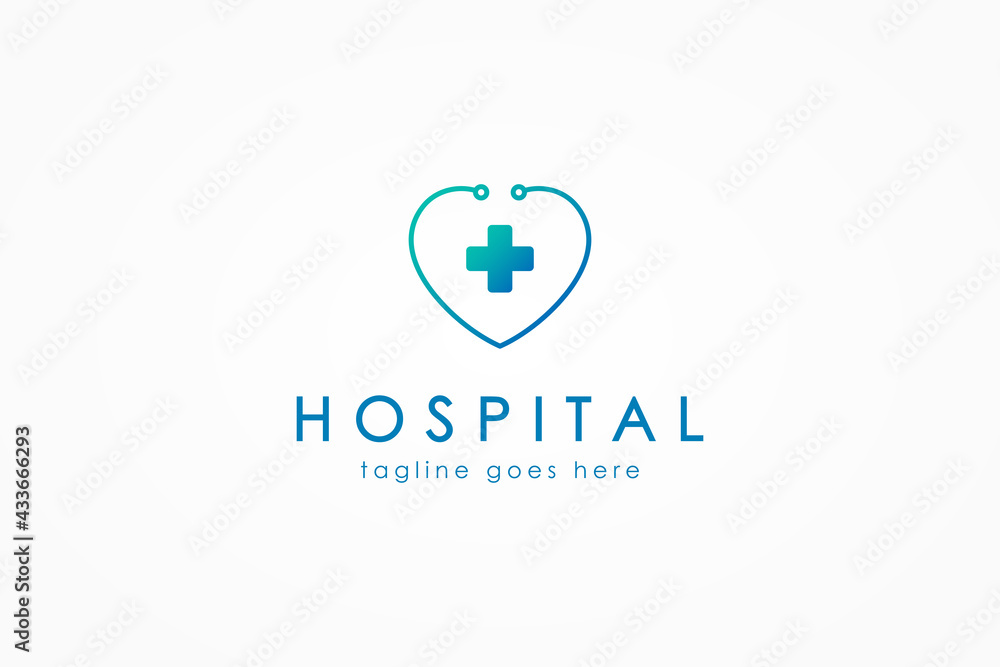 Healthcare Medical Logo. Blue Linear Heart Symbol with Stethoscope and ...