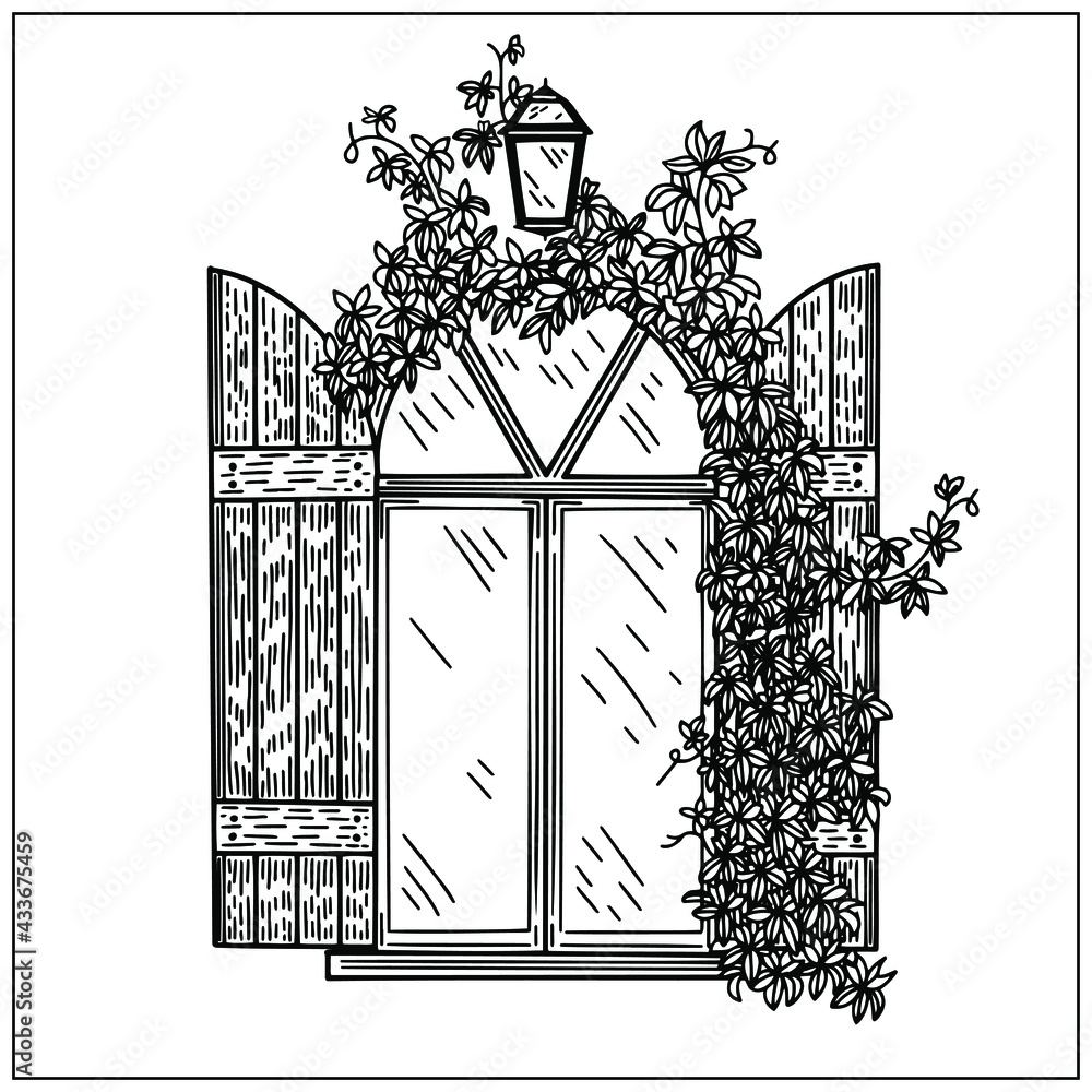 Elements of architecture, open window background. Window with shutters ...