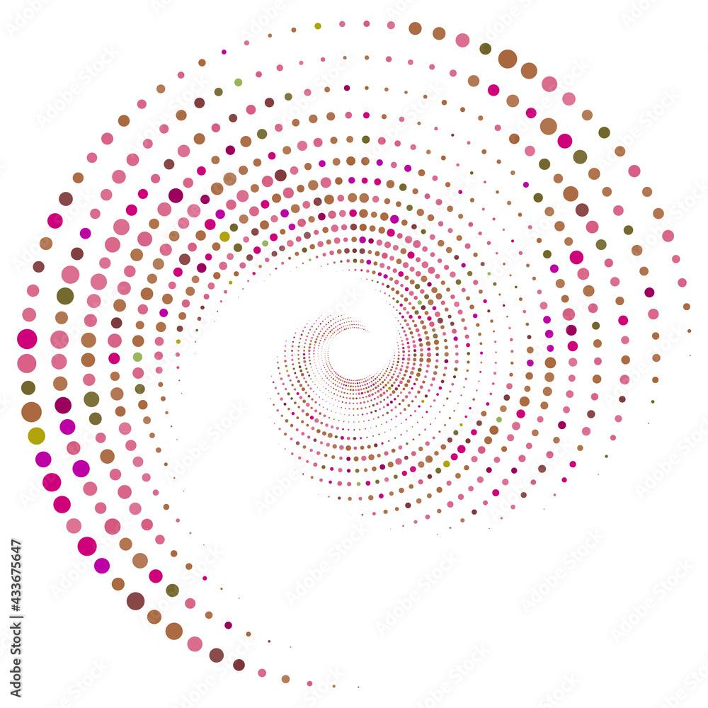 Dotted, dots, speckles abstract concentric circle. Spiral, swirl, twirl ...