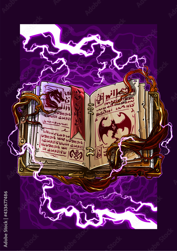 Cartoon colorful detailed old open magic spell books with dragons ...