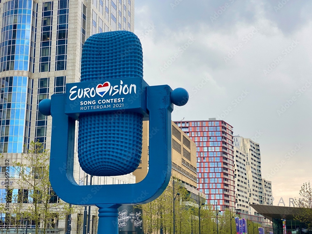 Eurovision Song Contest Rotterdam 2021 blue logo symbol outside Central ...