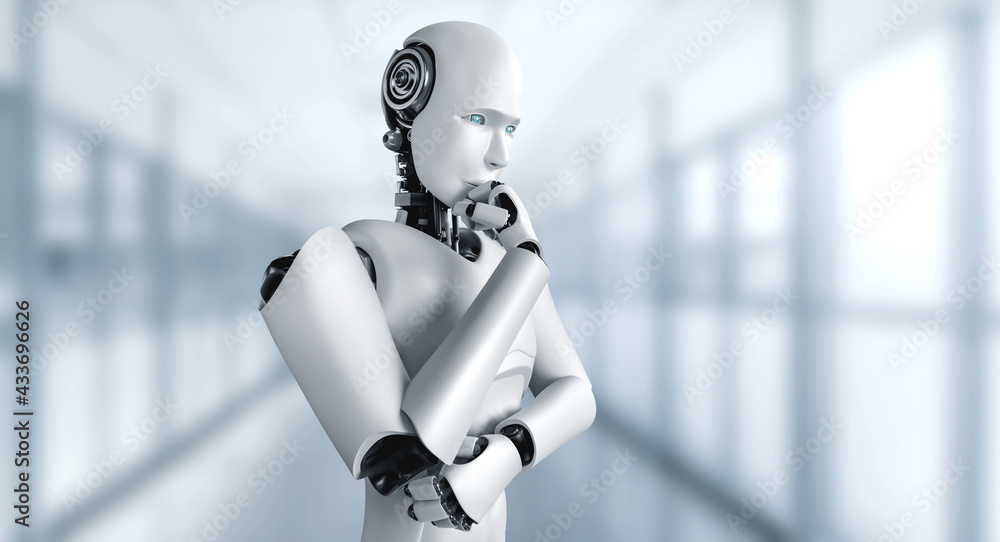 Thinking AI humanoid robot analyzing information data in concept of ...