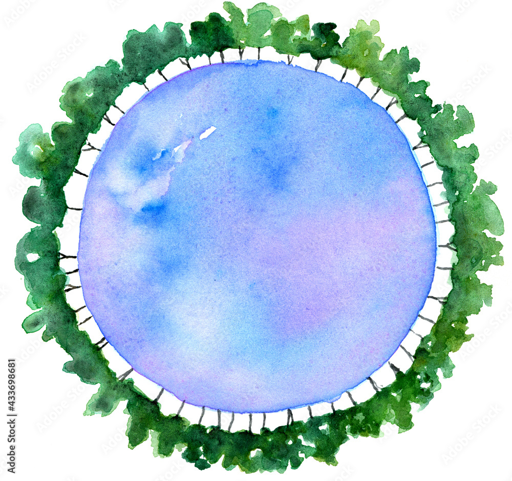Green planet illustration in watercolor. Forest and trees around the ...