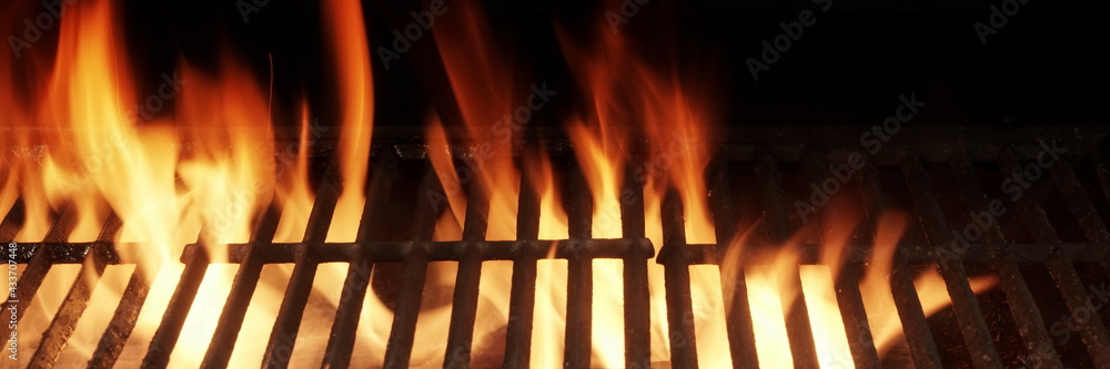 Barbecue Fire Grill Isolated On Black Background. BBQ Flaming Charcoal ...