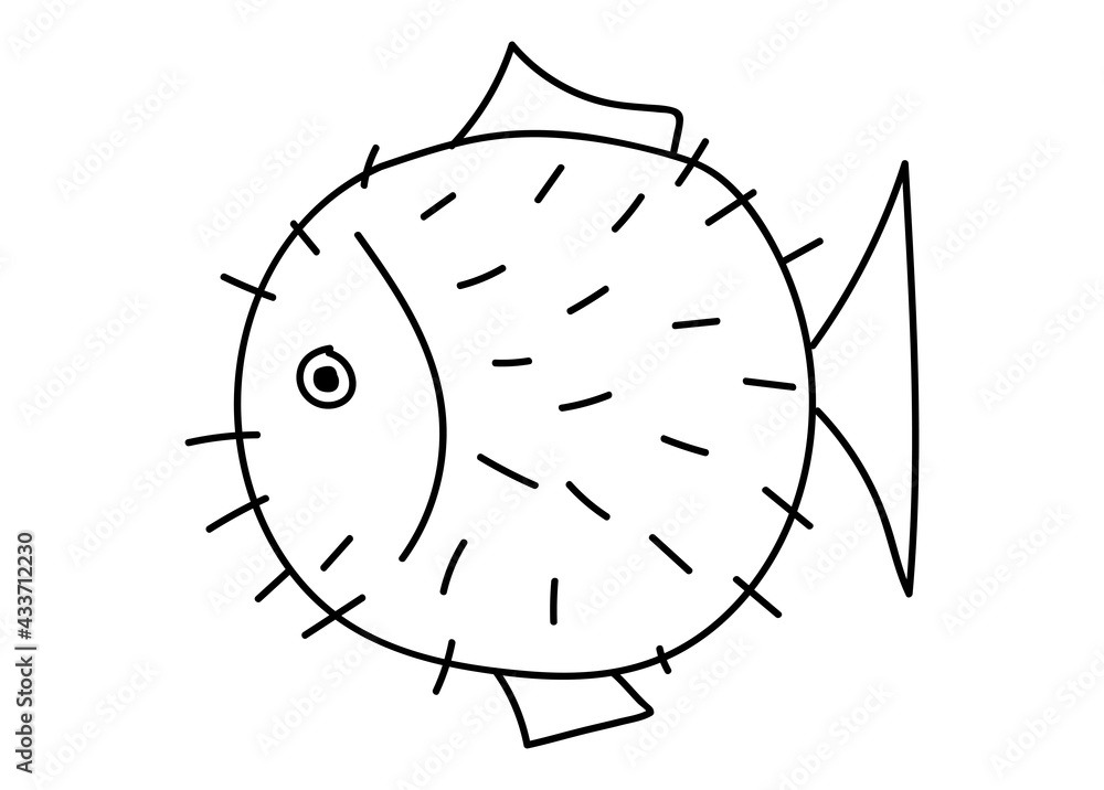 Ball fish, round fish with spines in doodle style, simple vector ...