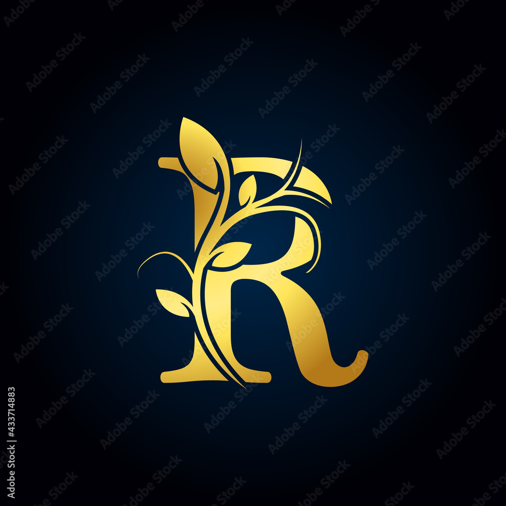 Elegant R Luxury Logo. Golden Floral Alphabet Logo with Flowers Leaves ...