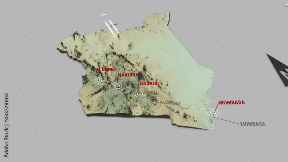 Seamless looping animation of the 3d terrain map of Kenya with the ...