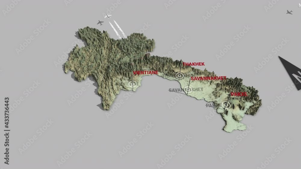 Seamless looping animation of the 3d terrain map of Laos with the ...