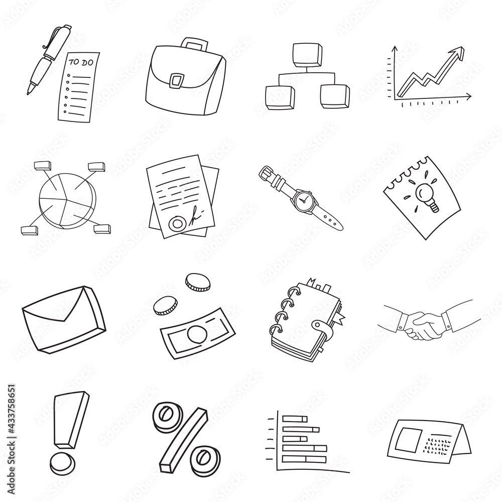Business doodle icon set. Hand drawn sketch. Coloring page. Vector ...
