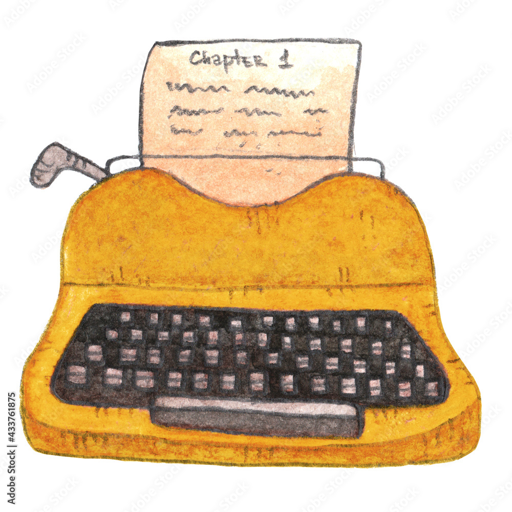 Cute cartoon watercolor hand drawn vintage yellow Typewriter. Isolated ...