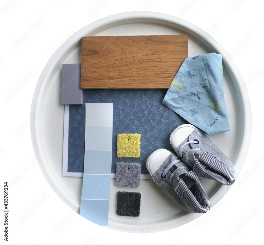 Top view moodboard. Material samples. Color palette baby boy. Stock ...